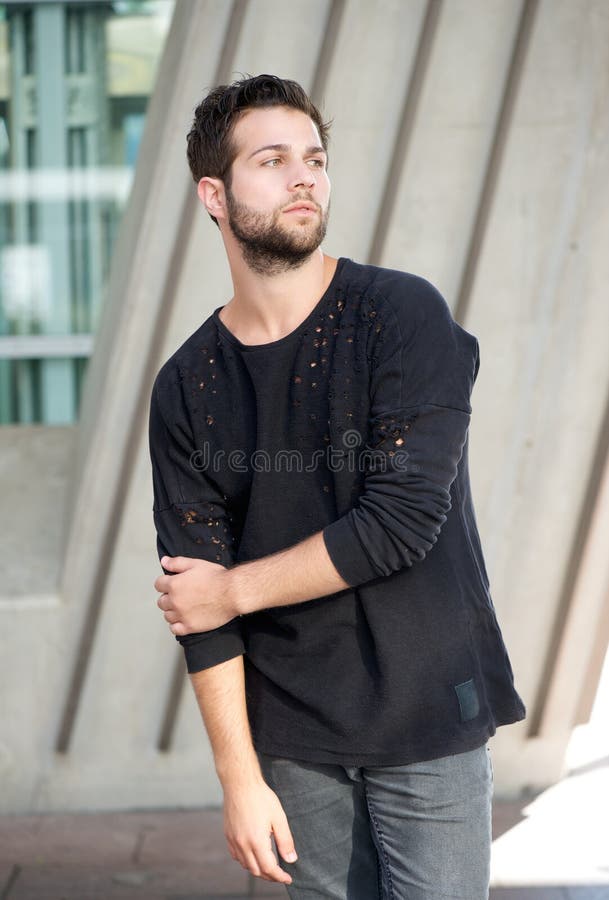Male Fashion Model with Beard Posing Outdoors Stock Photo - Image of ...