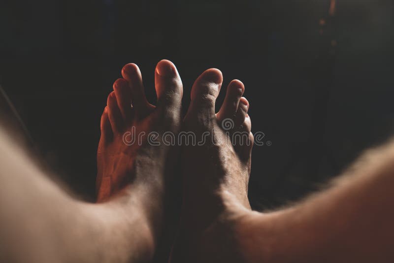 Male Feet in the Dark. Close-up of Man S Bare Feet. Stock Image - Image ...