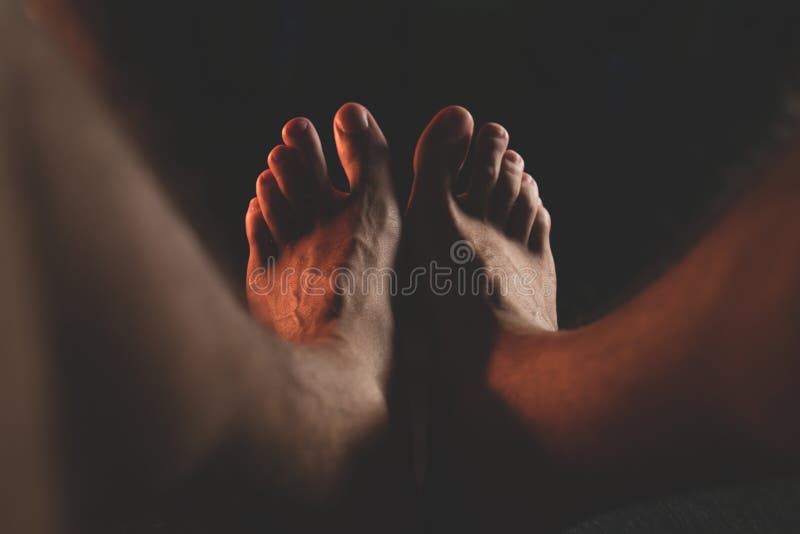 Male Feet in the Dark. Close-up of Man S Bare Feet. Stock Photo - Image ...