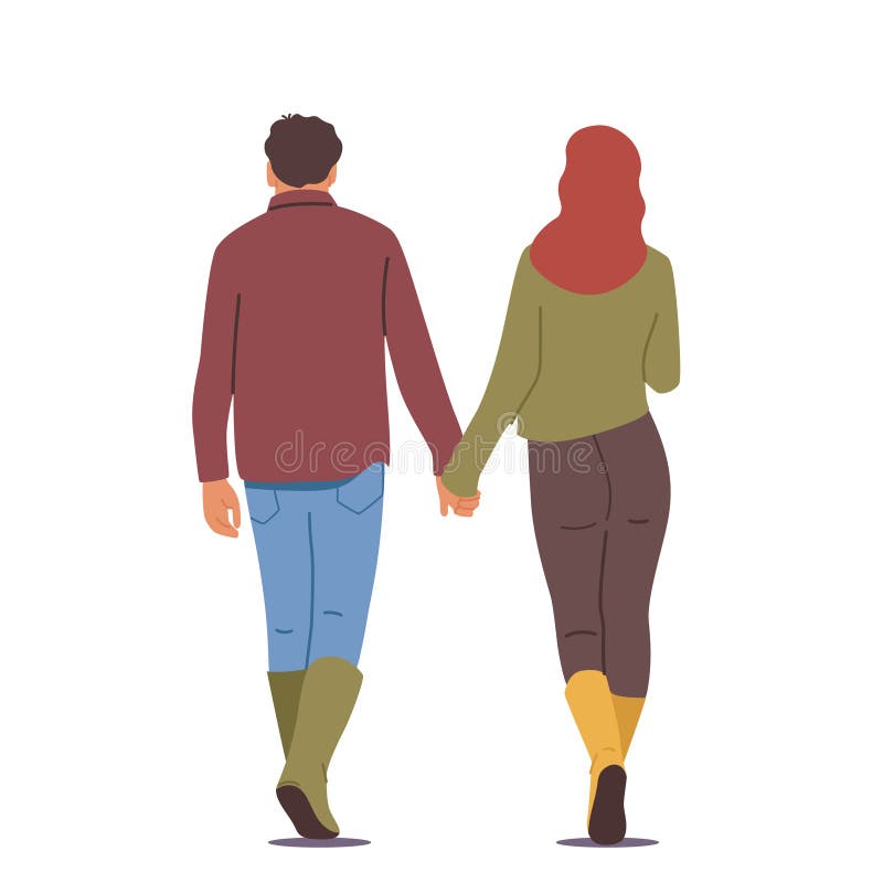 Male And Female Characters Holding Hands Rear View Loving Couple