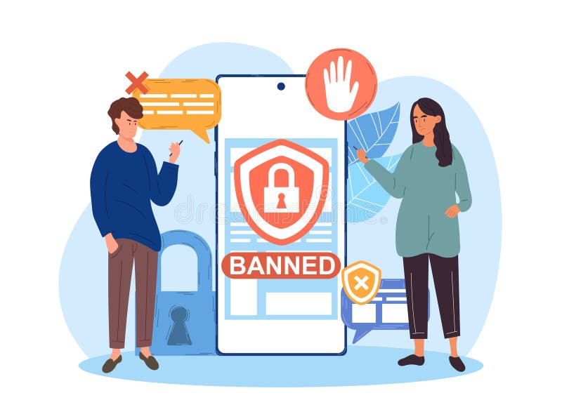 Male and Female Characters Holding Smartphone with Banned Internet ...