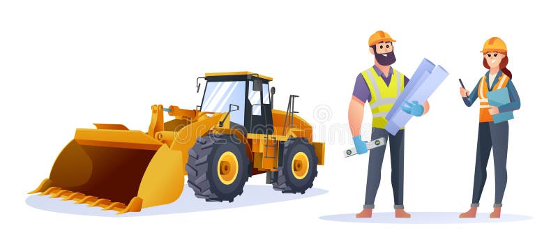 Male and Female Construction Engineer Characters with Wheel Loader ...