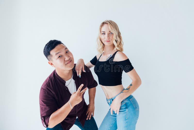 Male and Female Dancers Hug Standing Side by Side Stock Image - Image ...