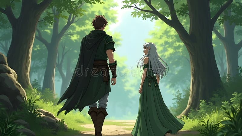 Male and Female Elf in the Forest Stock Illustration - Illustration of ...