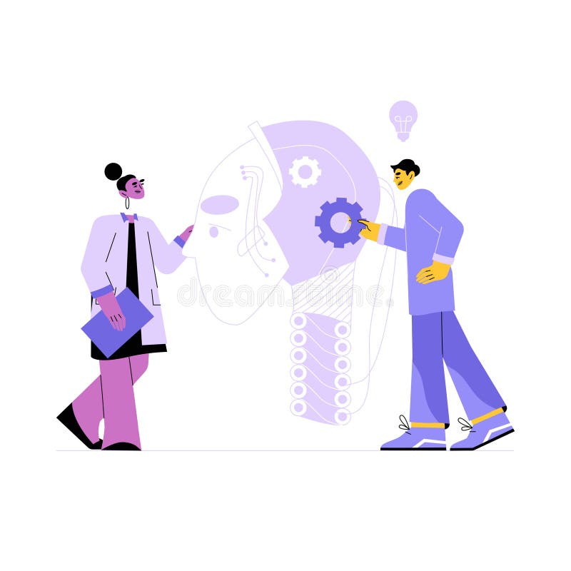 Engineers Examining AI Robot Head Design in Flat Vector Illustration ...