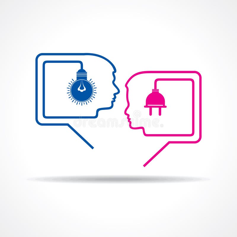 Male - Female Face with Light-bulb and Plug Make Message Bubble Stock ...