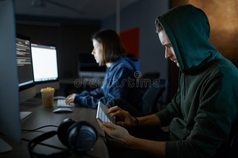 Male and Female Hackers Works in Darknet Stock Image - Image of ...
