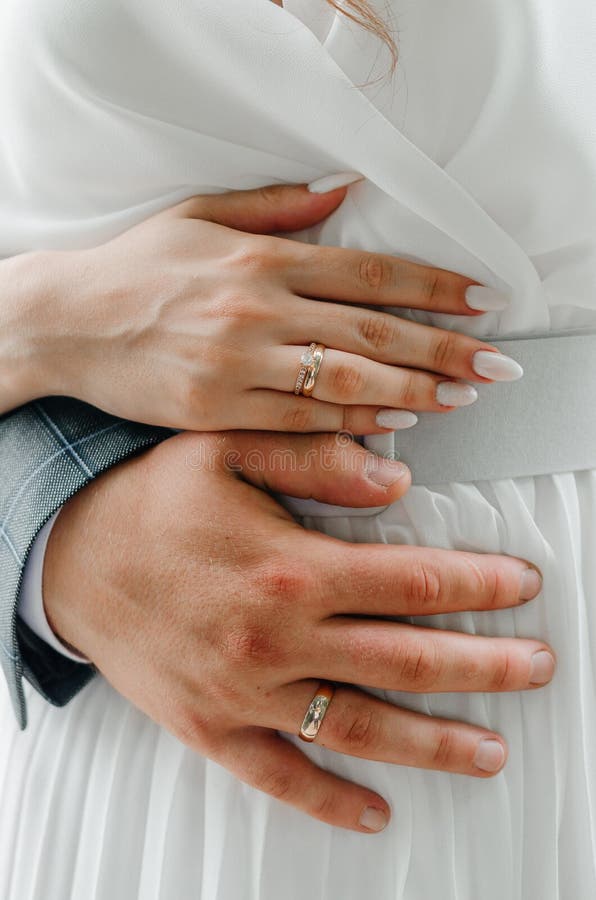 Male and Female Hand with Wedding Rings Stock Photo - Image of marriage ...
