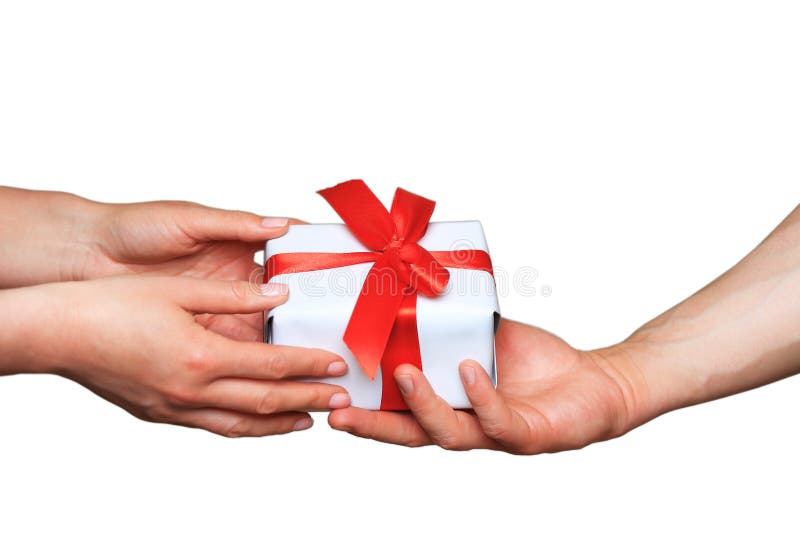 Male and Female Hands with White Gift Box with Bow Over White Stock ...