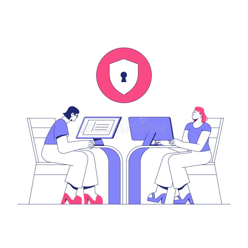 Two Professionals Working on Cybersecurity with Shield Symbol in Flat ...