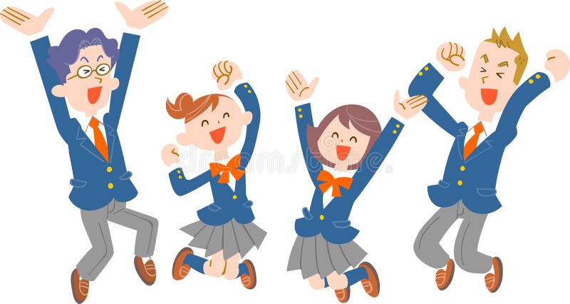 Male and Female Students in Blue Uniforms Jumping Happily Stock Vector ...