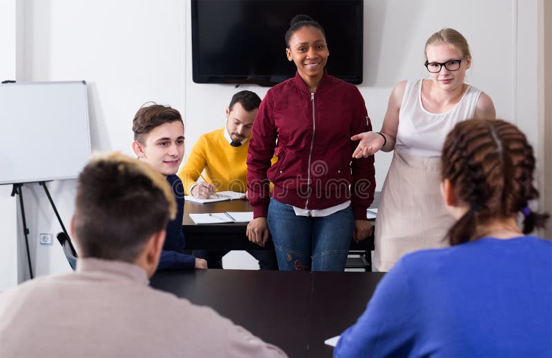 Male and Female Students Having Conversation at Recess Stock Image ...