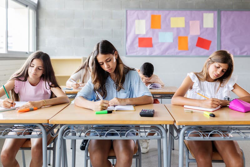 Male and Female Students Studying in Classroom at Elementary School ...