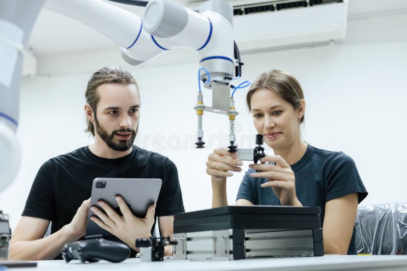 Male and Female Using Tablet Staff Engineer with Robot for Education at ...
