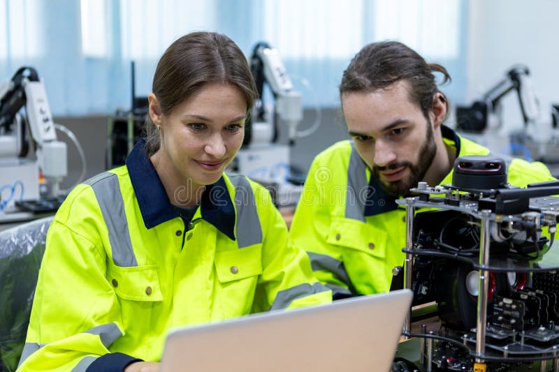 Male and Female Using Tablet Staff Engineer with Robot for Education at ...