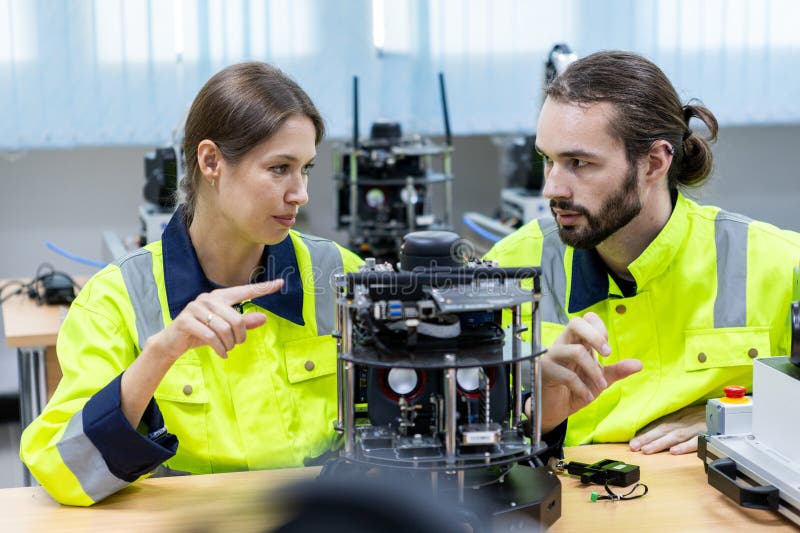Male and Female Using Tablet Staff Engineer with Robot for Education at ...