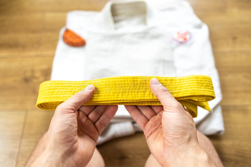 Male Fighter Preparing for Karate Workout in Practice Room. Stock Photo ...