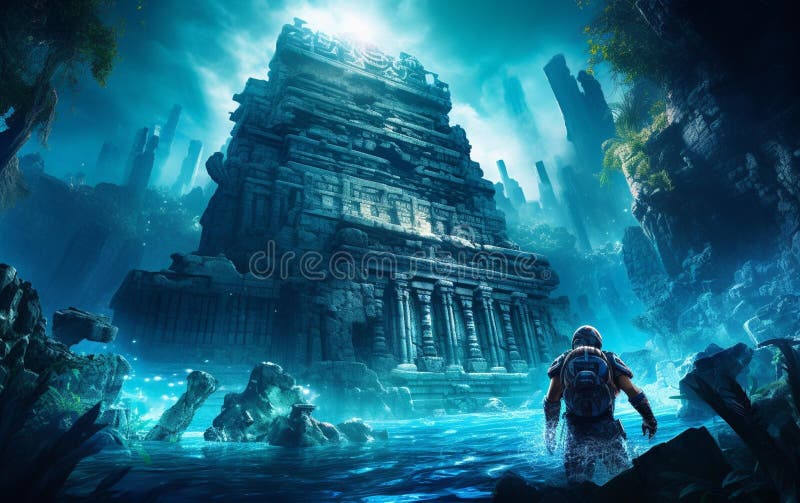 Male Figure in Crystal Clear Water, with an Ancient Stone Structure in ...