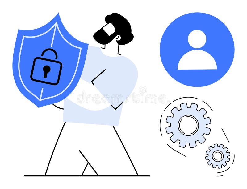 Man Holding Shield with Lock, User Icon, and Gears Representing ...