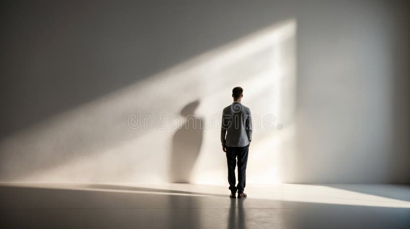 Male Figure Standing in Front of Wall. Minimalistic Background with Man ...