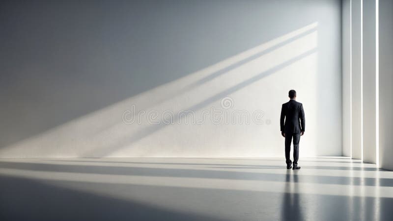 Male Figure in Suit Standing in Empty White Hall in Rays of the Sun ...