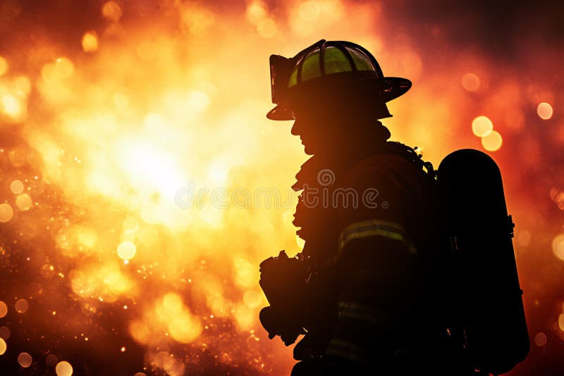 Male Firefighter with Burning Fire in Background Stock Illustration ...