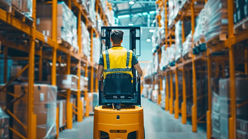 Male Forklift Operator Lifting Pallets in a Large Organized Warehouse ...