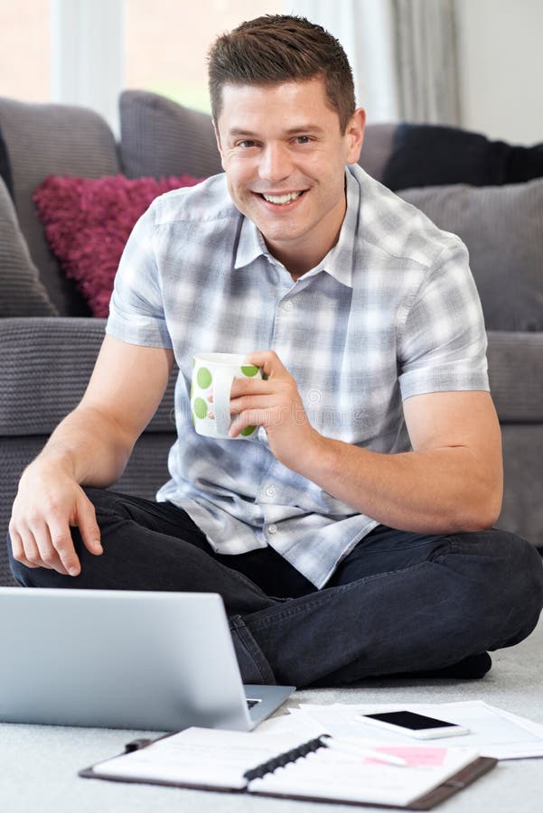 Male Freelance Worker Using Digital Graphics Tablet at Home Stock Image ...