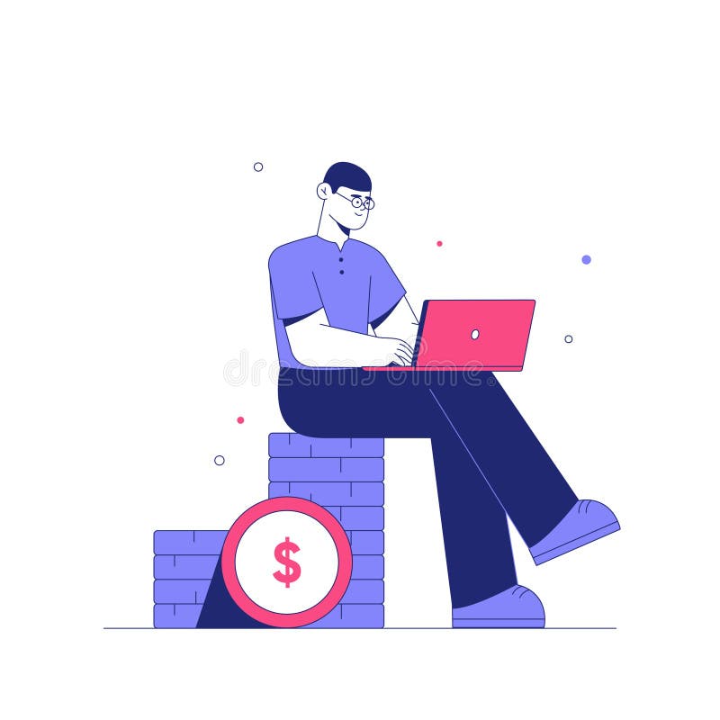 Male Freelancer with Laptop Sitting on Coin Stack in Flat Vector ...