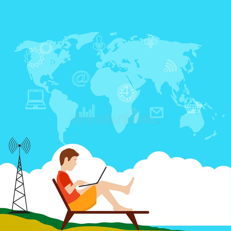 Male Freelancer Remote Work at the Computer Stock Vector - Illustration ...