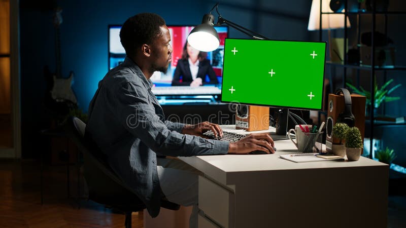 Male Freelancer Sitting at His Desk with Copy Space Screen on Computer ...