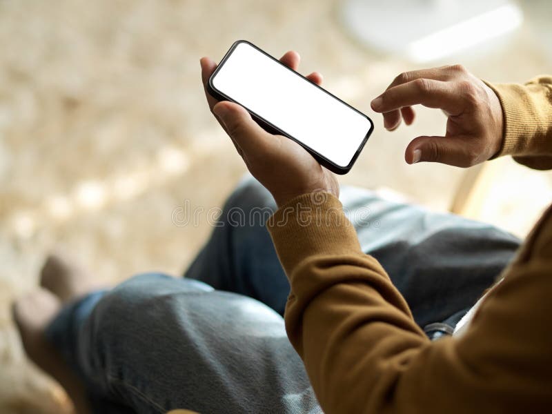 Male Freelancer Using Modern Smartphone, Phone Blank Screen Mockup ...
