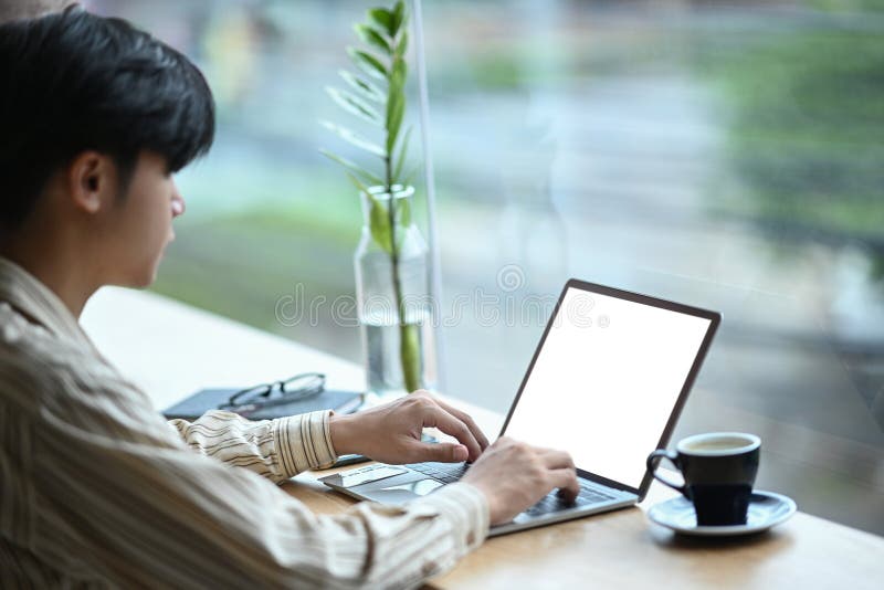 Male Freelancer Working with Computer Laptop at Cafe. Stock Photo ...