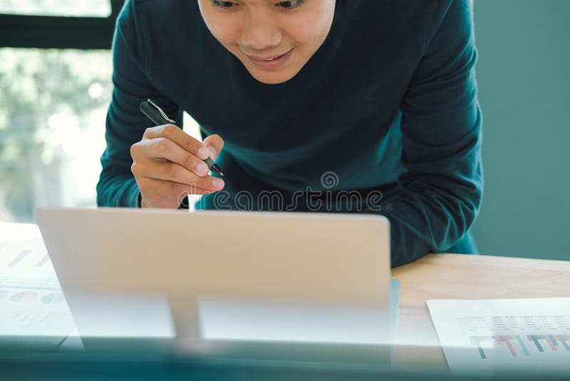 Male Freelancer Working with Computer. Startup Man Analyzing Financial ...