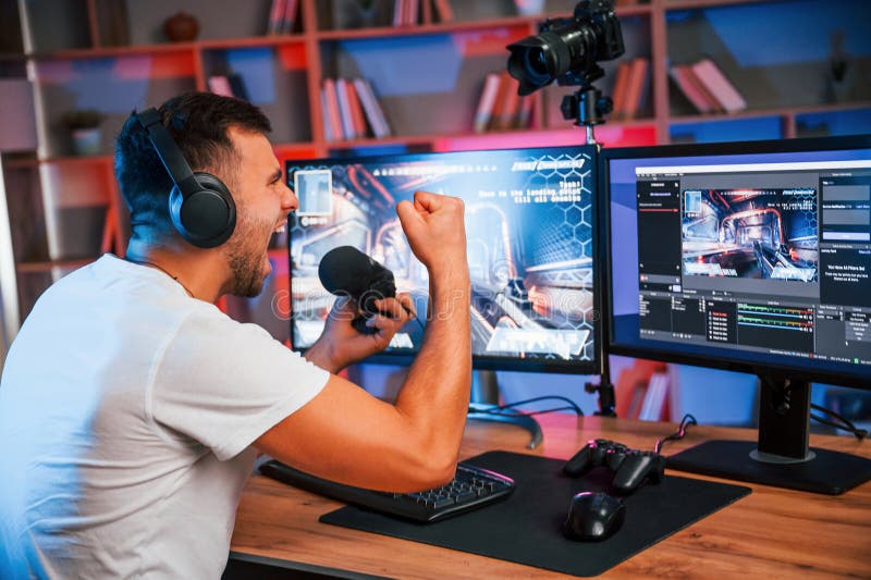 Male Game Streamer in Casual Clothes is Indoors with Pc Stock Photo ...