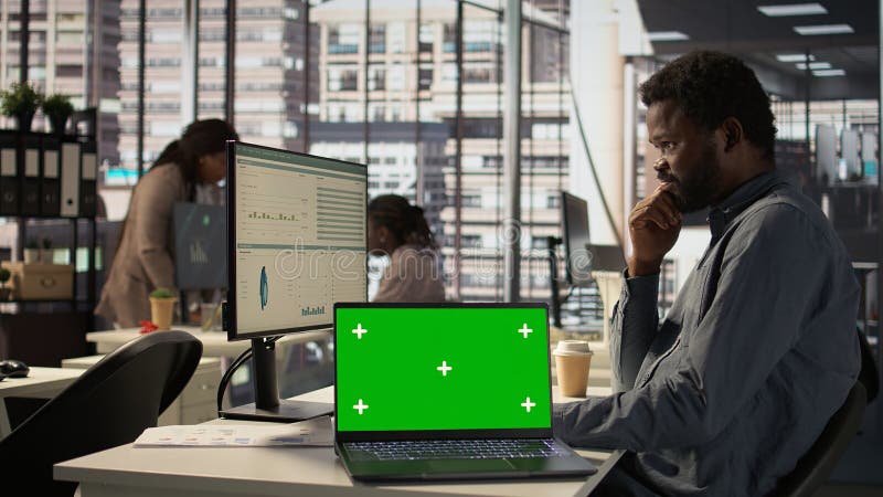Male General Manager Looking at Mockup Screen and Solving Tasks Stock ...