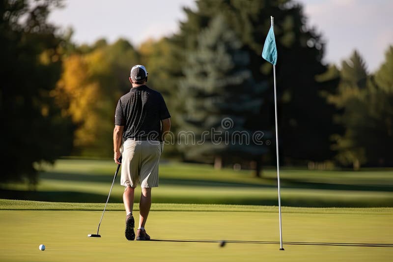 A Male Golfer Walking Golf Flag Course Green Grass Him Stock Photo ...
