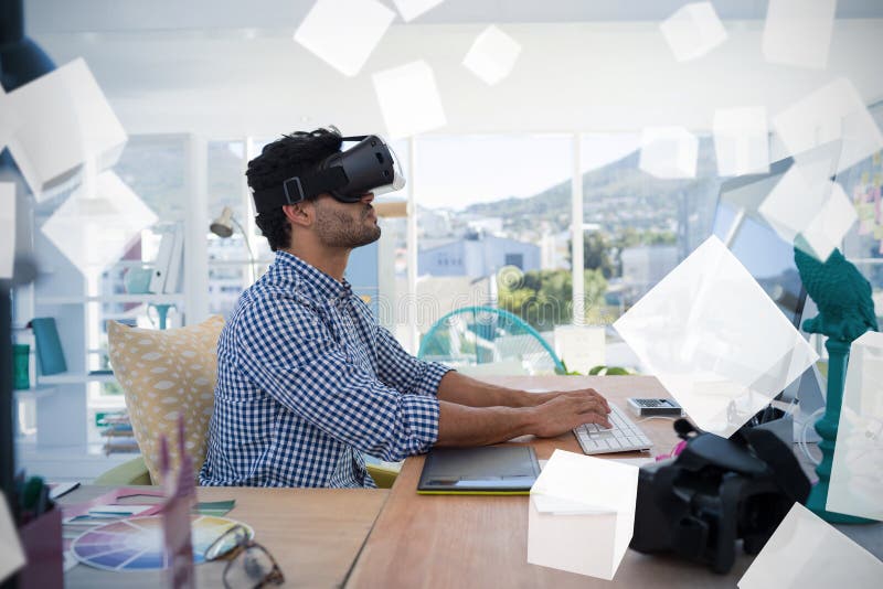 Male Graphic Designer in Virtual Reality Headset Using Computer Stock ...