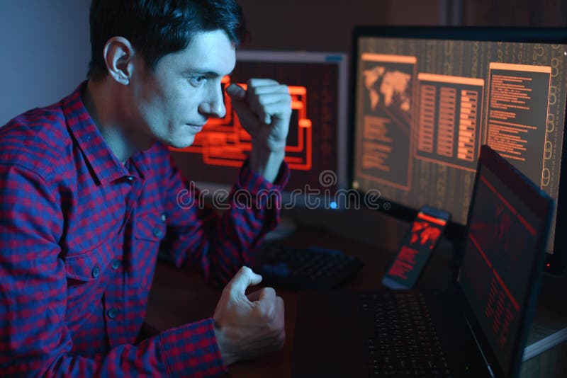 Male Hacker Celebrates Success with a Hand Gesture. a Successful ...