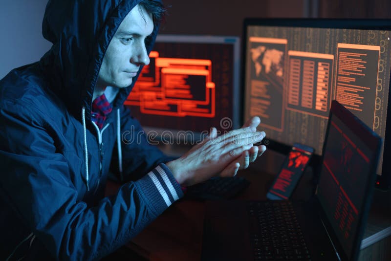 Male Hacker Celebrates Success with a Hand Gesture. a Successful ...