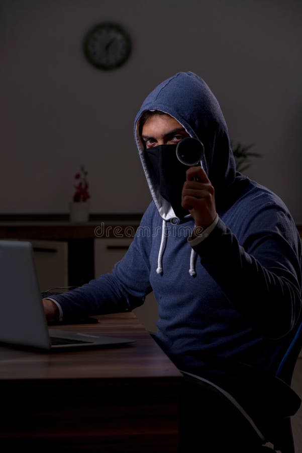 Male Hacker Hacking Security Firewall Late in Office Stock Image ...