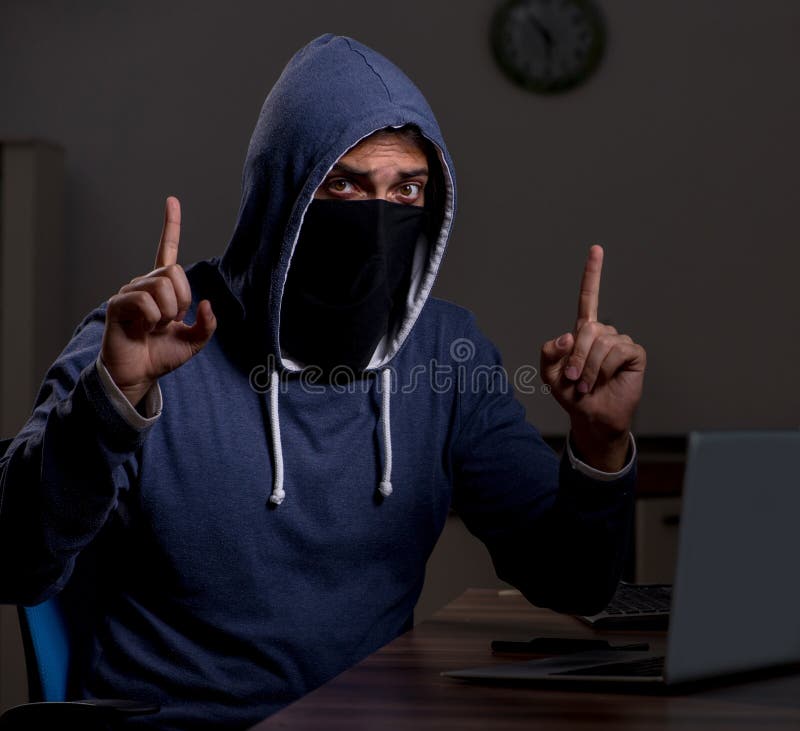 Male Hacker Hacking Security Firewall Late in Office Stock Image ...