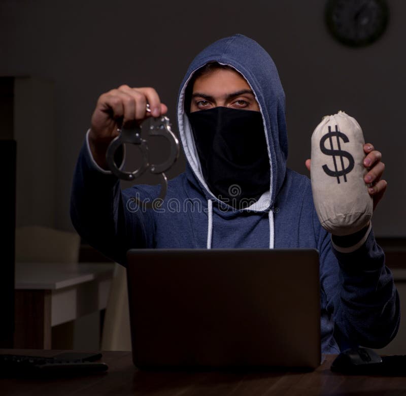 Male Hacker Hacking Security Firewall Late in Office Stock Image ...