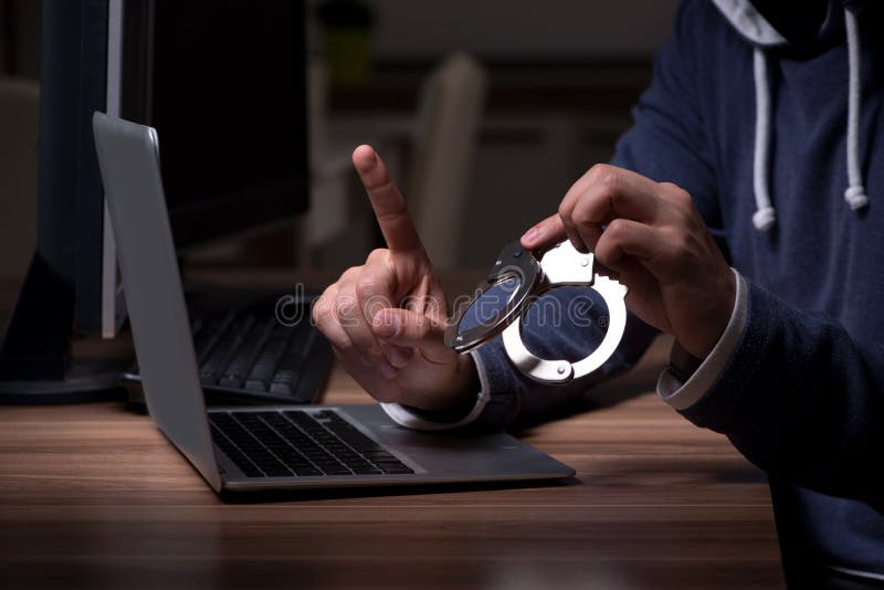 Male Hacker Hacking Security Firewall Late in Office Stock Photo ...