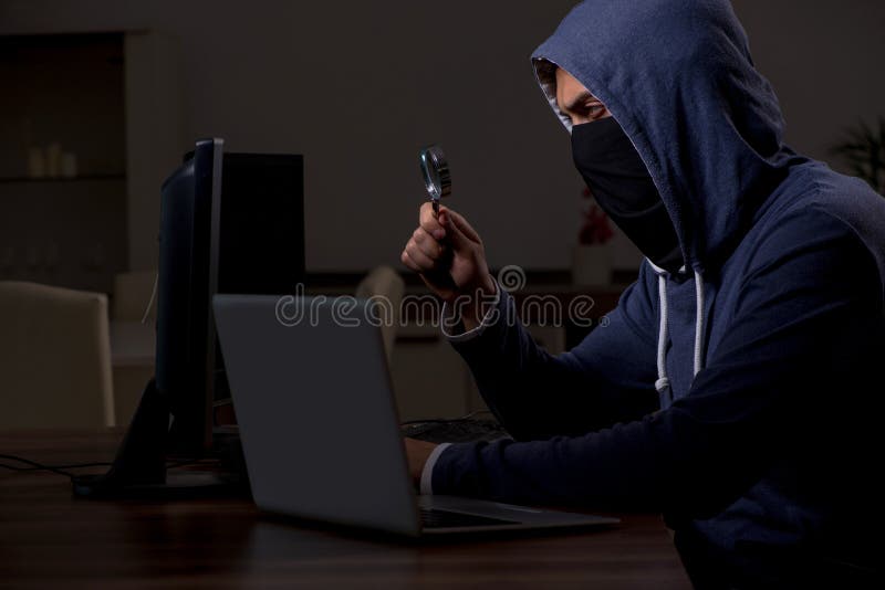 Male Hacker Hacking Security Firewall Late in Office Stock Photo ...
