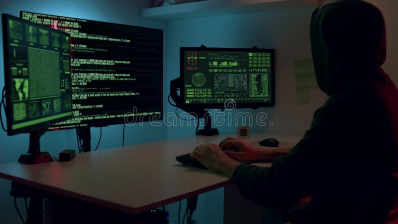 Male Hacker with Hood on His Head in Front of Large Computer Monitors ...