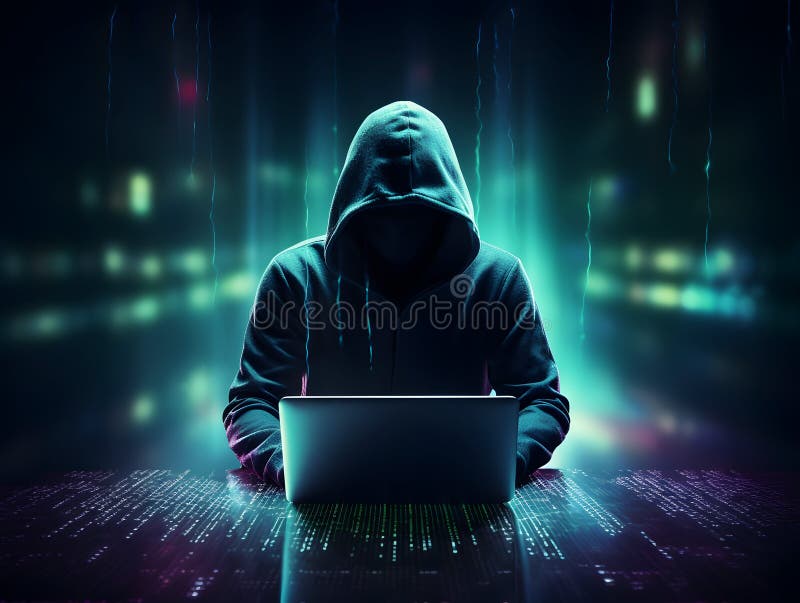 Male Hacker in a Hoodie Using a Laptop. Artificial Intelligence. Stock ...
