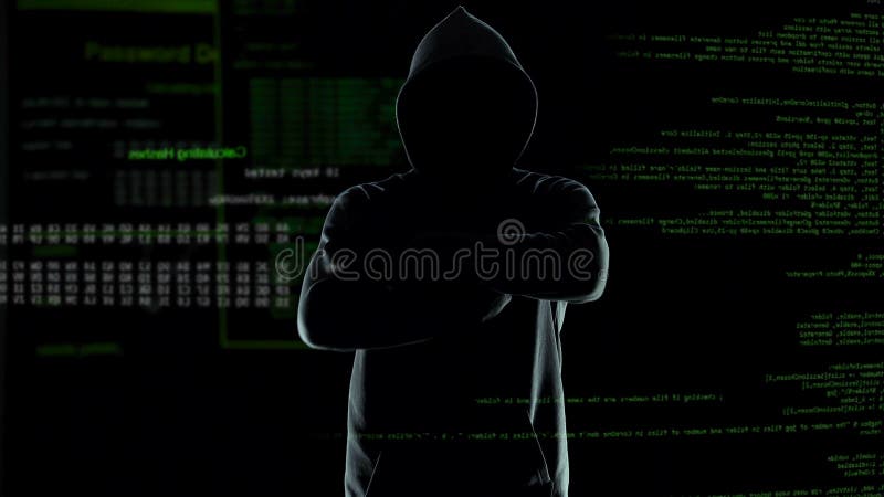 Male Hacker Silhouette in Hoodie Standing in Front of Animated Computer ...