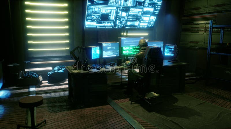 A Male Hacker Surrounded by Glowing Monitors Hacks into Someone Else S ...