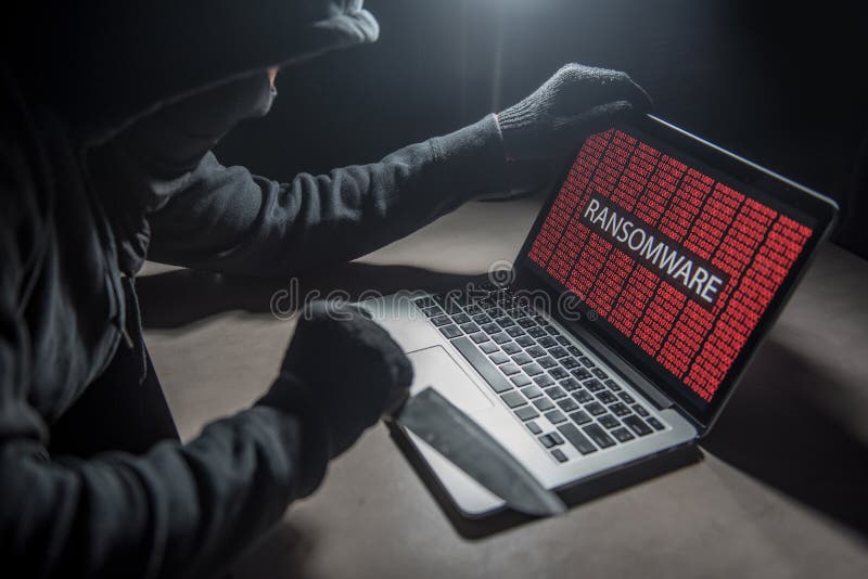 Male Hacker Threading Computer Laptop with Knife Stock Photo - Image of ...